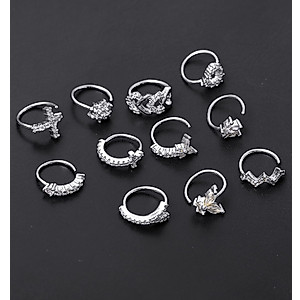Tornito 10Pcs Nose Ring Hoop Paved Flower Leaf Feather CZ Cartilage Earrings Nose Piercing Jewelry for Women Men Silver Gold Rose Gold Tone 20G (H: Silver Tone)