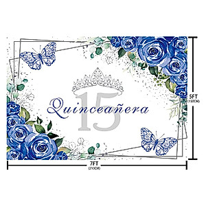 Sendy 7x5ft Quinceañera Backdrop Mis Quince 15 Anos Birthday Party Supplies for Girl Princess Royal Blue Floral Butterfly Silver Crown Photography Background Banner Photo Booth Studio Props