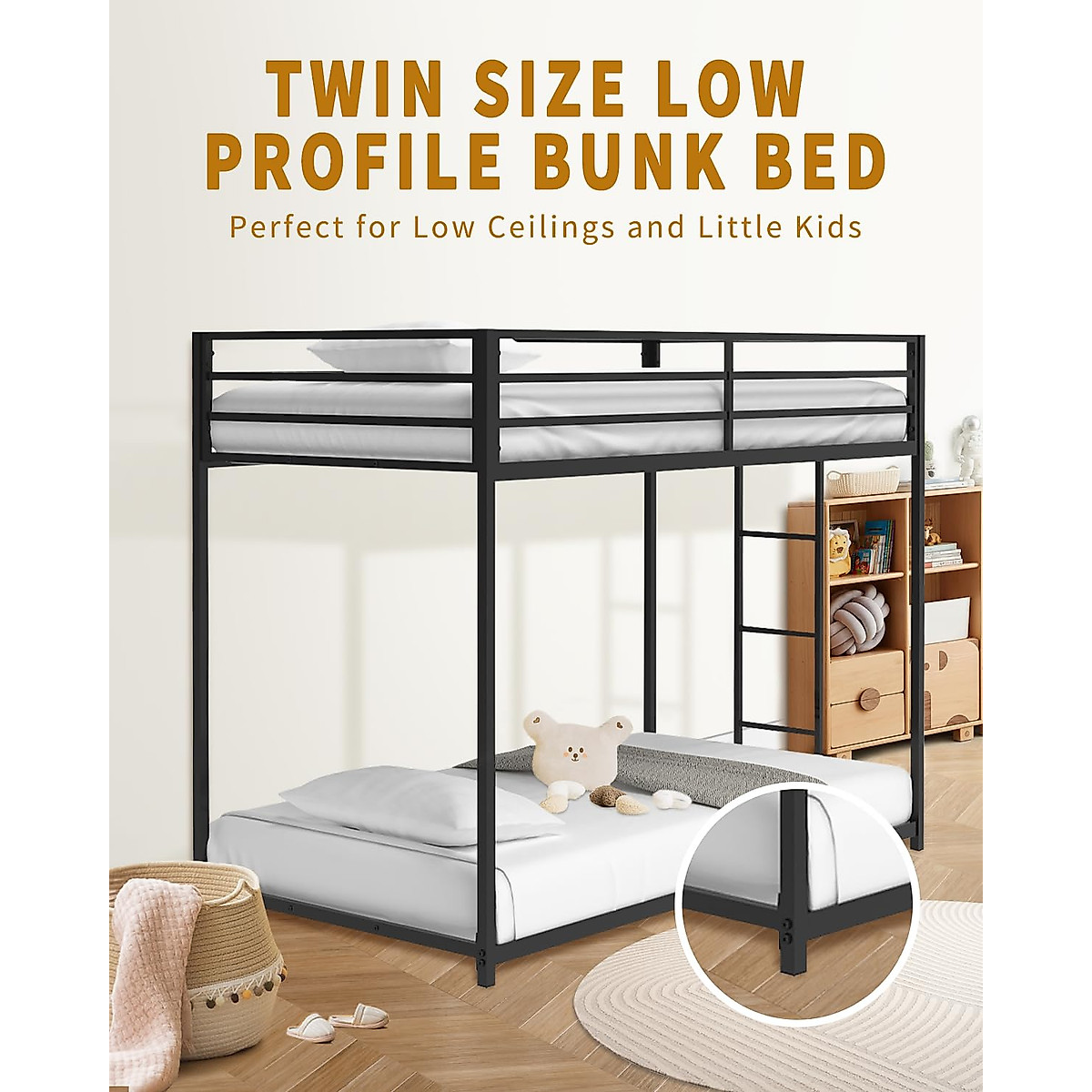 Twin Over Twin Bunk Bed - LifeSky Metal Low Profile Bunkbed with Side Ladder Black