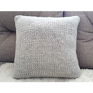 Merino Wool Cushion, Hand Knit Pillow Knitted Pillow Knitted White Ggrey Roving Yarn Square Handmade 16.5 x16.5 inches