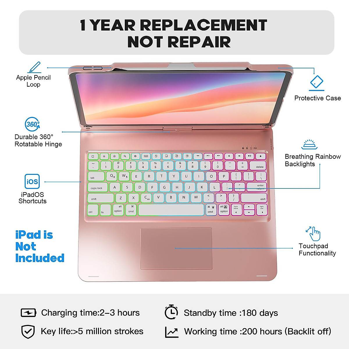BABG Keyboard Case for iPad Air 13 inch, iPad Pro 12.9(6th/5th /4th/3rd Gen) Case with Keyboard,360° Rotatable,Mulit-Toupad,Backlits,Wireless,Pencil Charging-Rose Gold