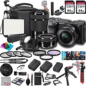 Sony a6400 Mirrorless Camera with 16-50mm + 55-210mm Lenses, 128GB Memory.43 Wide Angle & 2X Lenses, Case. Tripod, Filters, Hood, Grip,Spare Battery & Charger, Editing Software Kit -Deluxe Bundle