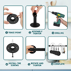 SUJOER 39.4 inch Pot Rack Wall Mounted with 15 Hooks, Hanging Pot Pan Organizer Rack,Utensil Industrial Pipe Hanger,heavy duty Cast Iron Skillet Storage Rail,Cabinet Black Pots and Pans Storage