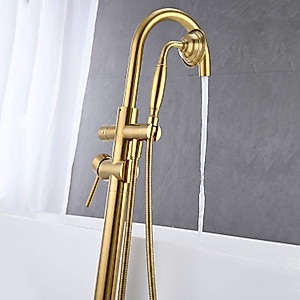Wowkk Tub Filler Freestanding Bathtub Faucet Brushed Gold Floor Mounted Brass Bathroom Tub Faucets with Hand Shower