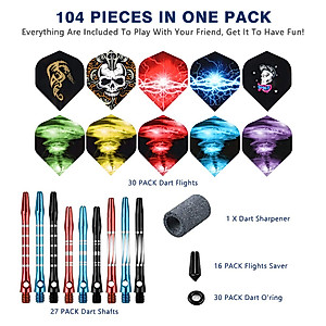 Tezoro Dart Accessories Kit Including Aluminum Dart shafts,Dart Flights, Flight Savers, Sharpener, O-Rings -Bulk Pack of 104 Pieces