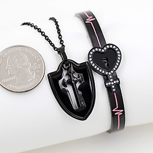 Stainless Black Heart Lock Bangle Heartbeat Line CZ Pave Cross Cuff Bracelet with Shield Key Pendant Necklace Couples Set (Heart, Black)