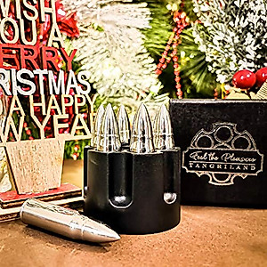 WHISKEY STONES EXTRA LARGE 6 PCS. STAINLESS STEEL SILVER BULLETS with Revolver Barrel Base Laser Engraved Ice Cubes Chillers Reusable Chilling Rocks Stone Gift Set for Men Father's Day Military Man.