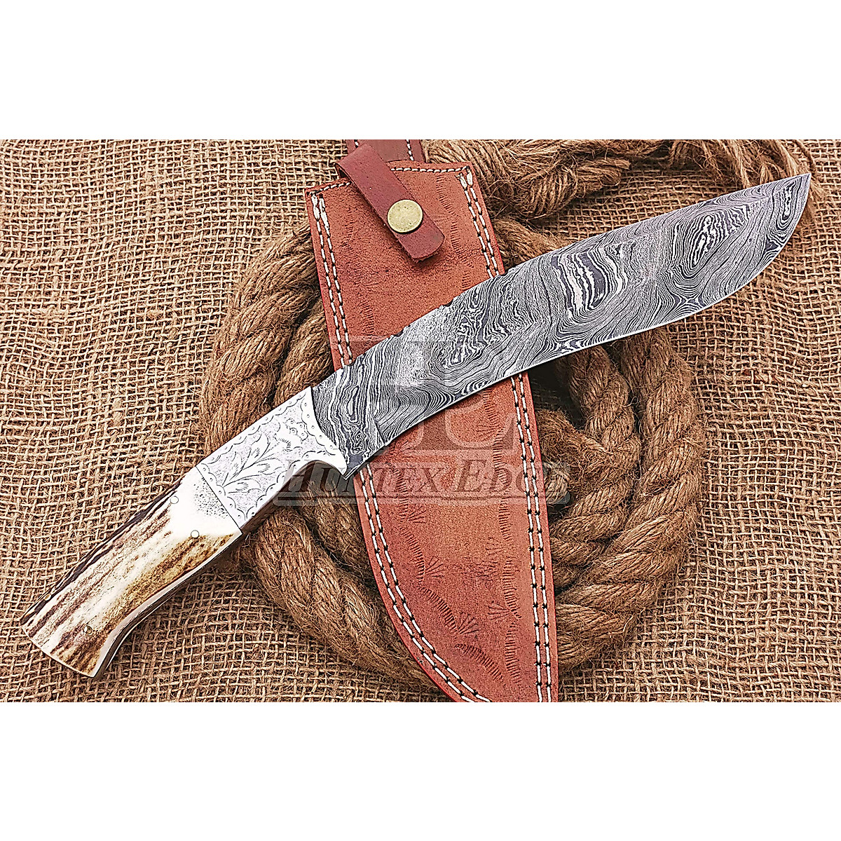 HUNTEX Handmade Hand-Forged Twist Pattern Damascus Steel 14 Inch Long Full Tang Deer Antler Handle Razor Sharp Hunting Camping Bowie Knife w/Genuine Leather Sheath