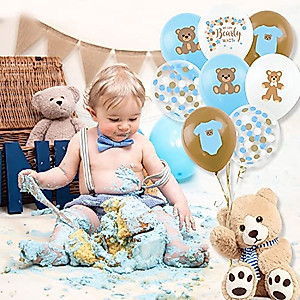45Pcs Blue Bear Baby Shower Party Balloons, 12" Latex Printed We Can Bearly Wait Brown Creamy Bear Balloon Decor for It's A Boy Gender Reveal Kid Birthday Wedding Photo Prop Party Decorations Supplies