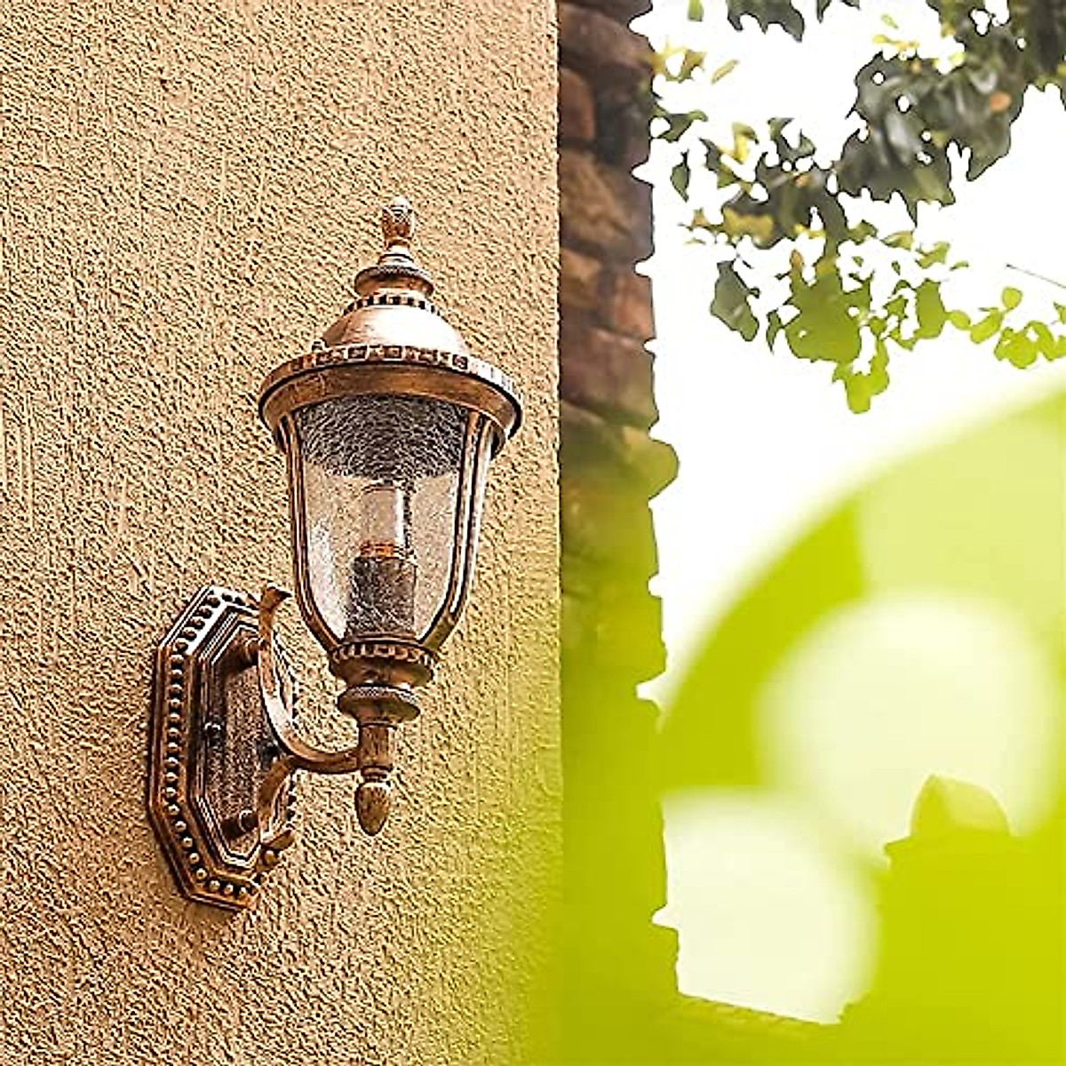 American Rustic Lantern Wall Light Retro Led Antique Fixture Oil Rubbed Bronze Finish Aluminum 45Cm Sconce with Cracked Glass Shade Vintage Lamp for Home Bedroom Garden Yard