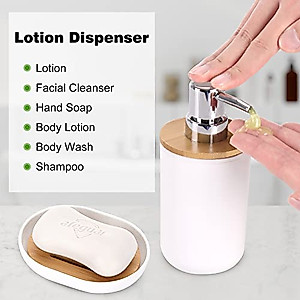 Fixwal Bamboo Bathroom Accessories Set of 8, Soap Dish Soap Dispenser Toothbrush Cup Toothbrush Holder Toilet Brush Trash Can and 2 Qtip Holders with Bamboo Lids(White)