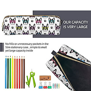French Bulldog Dog Paw Leather Pencil Case Bag with Zipper Women Makeup Bag Durable Portable Suitable for School Work and Office 8.3 x 2.2 In