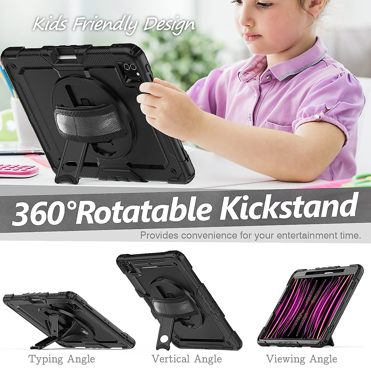 CASZONE Case for iPad Pro 12.9 Case 2022/2021/2020,iPad Pro 12.9 6th/5th/4th Generation Case with Pencil Holder Charger,360ｰRotating Stand,Screen Protector,Hand/Shoulder Strap,Heavy Duty