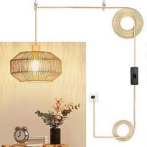 Plug in Pendant Light Paper Woven Rattan Hanging Lights Boho Hanging Lamp Rustic Farmhouse Pendant Lights for Kitchen Dining Room Bedroom Entryway, with 3-Way Dimmable Bulb (Woven)