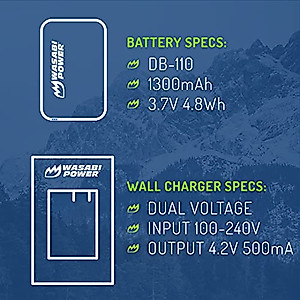 Wasabi Power DB-110 Battery (2-Pack) and Charger for Ricoh GR III, GR IIIx, WG-6, G900