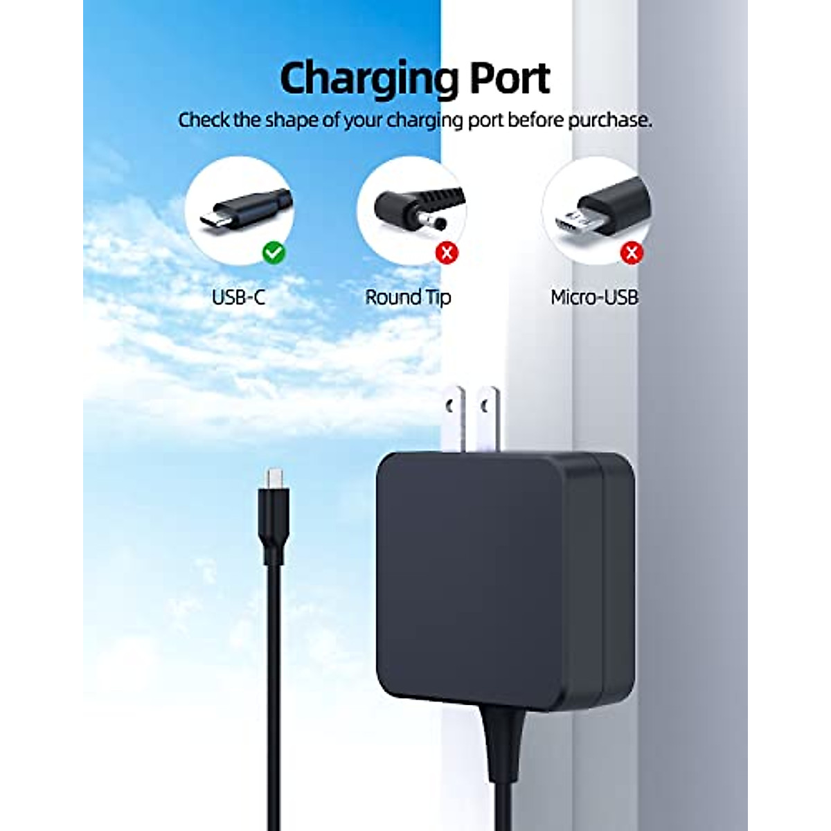 Charger for Asus Chromebook, (UL Safety Certified), USB C, 45W