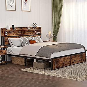 IRONCK Full Size Bed Frame with Bookcase Headboard with Charging Station, Mattress Foundation/No Box Spring Needed, Non-Slip Without Noise, Vintage Brown