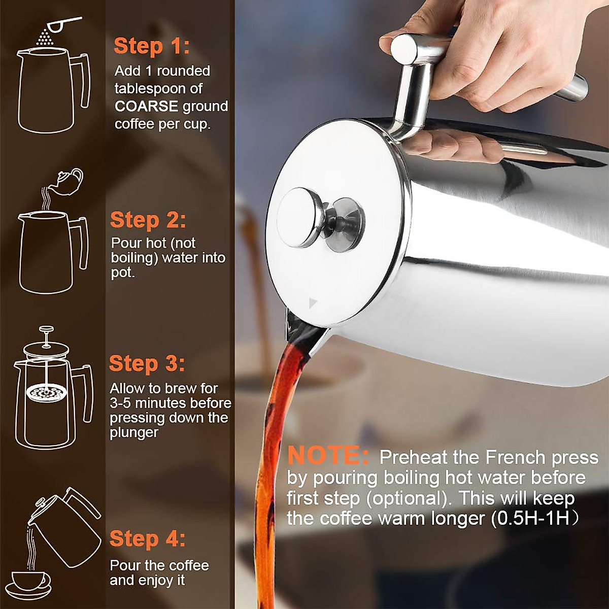 Secura French Press Coffee Maker, 34-Ounce, 304 Stainless Steel Insulated Coffee Press with Extra ScreenSecura French Press Coffee Maker, 34-Ounce, 304 Stainless Steel Insulated Coffee Press with Extra Screen