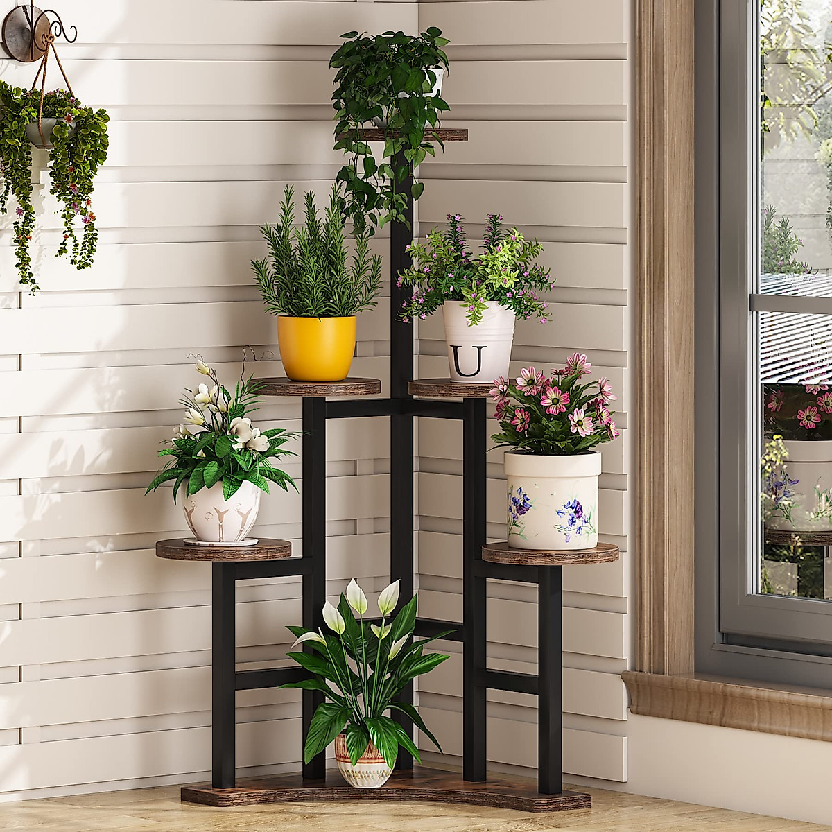 LITTLE TREE 6 Tiered Corner Plant Stand Indoor, Tall Plant Shelf Flower Stand Multiple Potted Plant Holder Rack for Living Room Balcony Garden, Rustic Brown