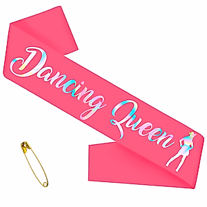 Dancing Queen Sash with Iridescent Foil, Hot Pink Disco Bachelorette Party Sash for Bridal Shower, Birthday Sash for Girls Women, Mamma Mia Party Sash Decorations(Hot Pink + Iridescent)