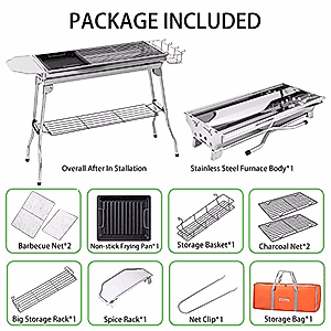 Outdoor Camping Grill Set Stainless Steel Portable Foldable Charcoal Grill, Large Size and Lightweight Design, Ldeal for Camping, Beach Parties, Picnics, Backyard BBQs and More