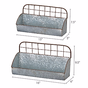 Barnyard Designs Galvanized Metal Rustic Farmhouse Wall Hanging Storage Caddy Holder Organizers, Tin Wall Shelves, Large: 16.5” x 6” x 9.5”, Small: 15.25” x 5” x 8”, Set of 2