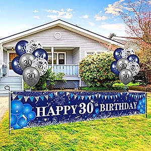Blue 30th Birthday Decorations for Men Women, Navy Blue Silver Happy 30th Birthday Yard Banner, Blue 30th Birthday Balloons for 30th Birthday Anniversary Party Decorations Supplies
