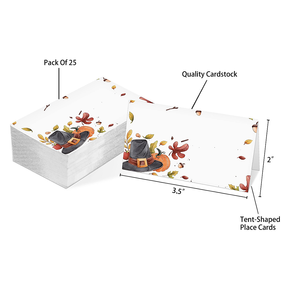 Table Place Card, Fall Thanksgiving Themed Tent Style Cards, Pack of 25 Half-Fold Reception Place Card with Top Hat and Pumpkin, Perfect for Thanksgiving Dinner, Party, Birthday, Wedding, Banquet A09