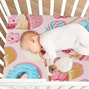 Blueangle Fitted Crib Sheet Cupcakes and Donuts Baby Sheets for Standard Crib Toddler Mattress Cover, Soft Microfiber Breathable Mattress Cover for Boys and Girls（486）