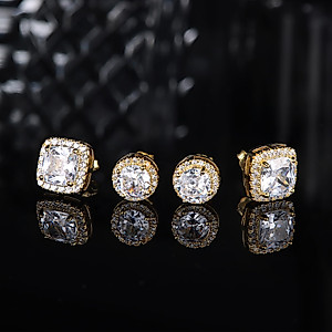 Hayoso 18K Gold Plated Halo Stud Earrings 925 Sterling Silver Cubic Zirconia, Round Square Diamonique Stud Earrings Set for Women Men - Gold