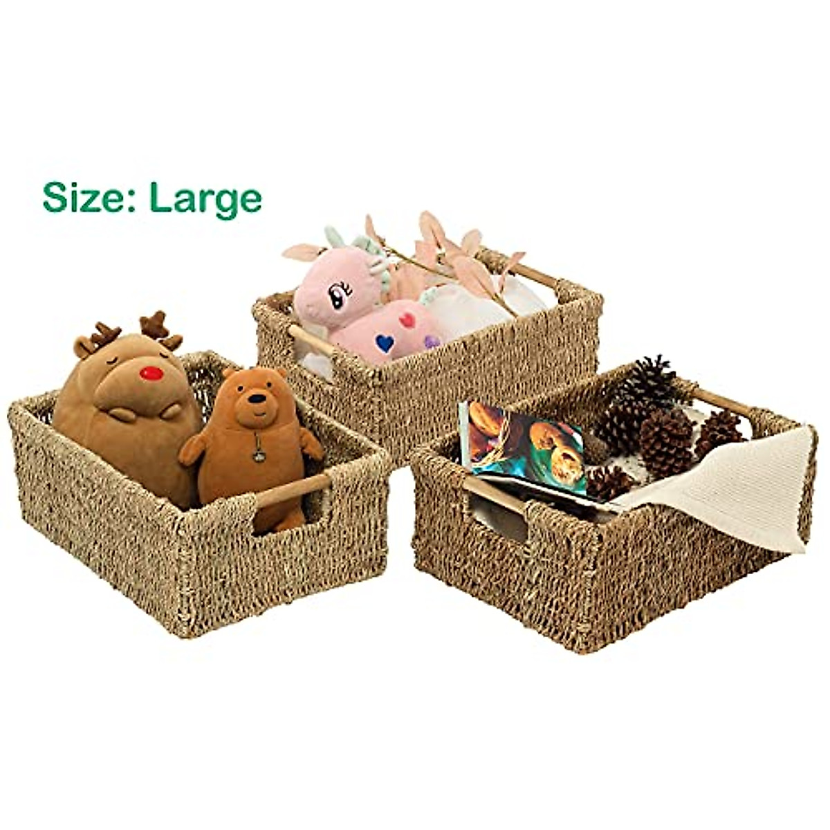 Large Wicker Storage Basket with Wooden Handles, Seagrass Baskets for Shelves, Natural Basket with Handle