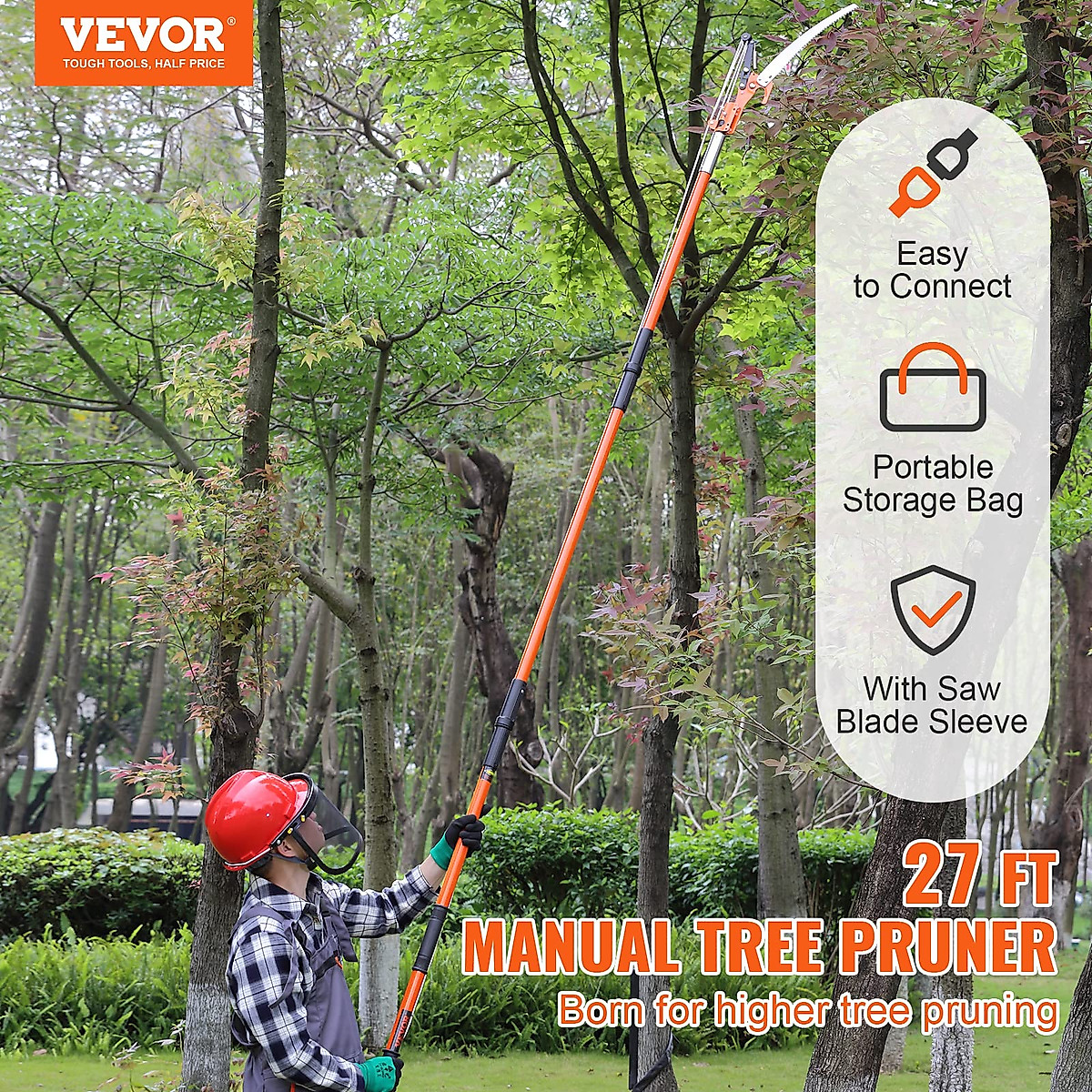 VEVOR Manual Pole Saw, 7.3-27 ft Extendable Tree Pruner, Sharp Steel Blade and Scissors High Branches Trimming, Branch Trimmer with Lightweight 8 Fiberglass Handles, for Pruning Palms and Shrubs