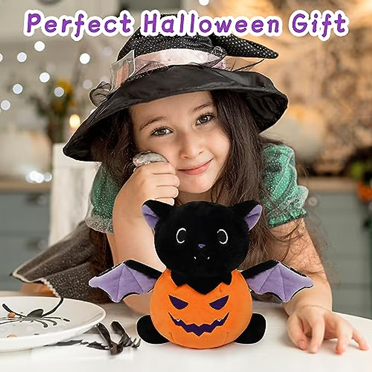 JIAJEGTGT Halloween Plush Bat, Bat Stuffed Animal Toy, Plushies Pillow Figure with Pumpkin Clothes, Decoration Gifts for Boys and Girls Black