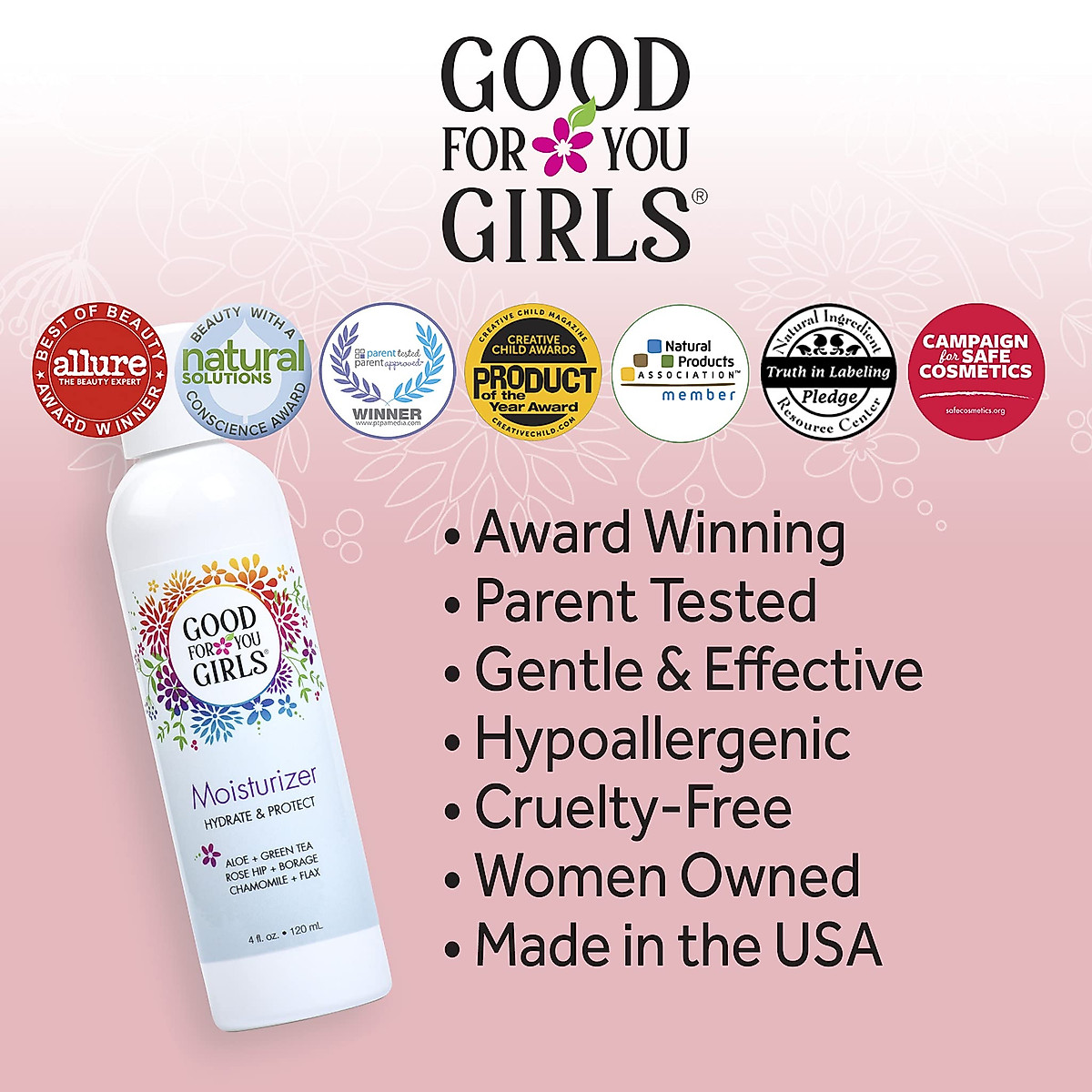 Good For You Girls Natural Facial Moisturizer, Calming and Non-Comedogenic with Aloe, Vitamin E, Arnica, Rose Hip, Borage, Green Tea, Kids, Preteen, Teens, All Skin Types (4 Fl Oz)