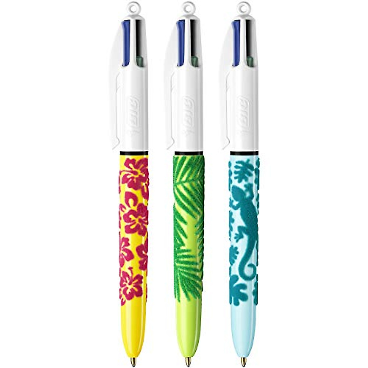 BIC 4 Colours Velours Ball Pens Medium Point (1.0 mm) - Assorted Barrel Designs, Pack of 3, Black