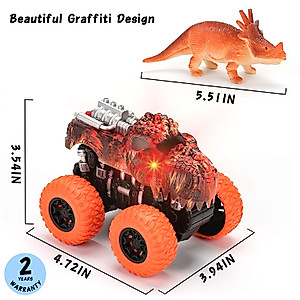 Monster Truck Toy Set - 2 Dinosaur Trucks + 2 Realistic Toy Dinosaurs - Red Lights & Roaring Sounds - Mobius Friction Powered Push & Go Playset Up to 100-Ft for Boys and Girls 3 4 5 6 7 8 Years Old