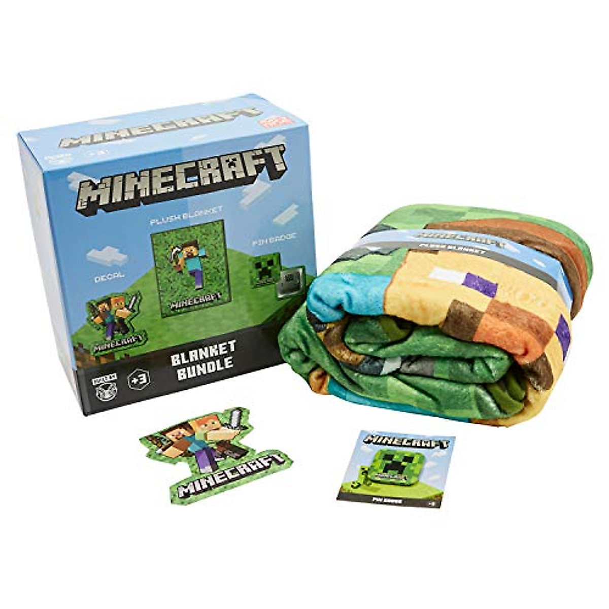 Minecraft Boys Fleece Throw Blanket - Blanket Lanyard and Pin Box Set - Official Black and Green Creeper Face Throw Blanket Lanyard and Pin Set (Green Run)