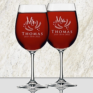 Set of 2 Mr and Mrs Personalized Wine Glasses - Custom Engraved and Monogrammed Gifts