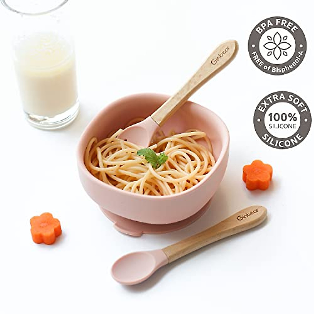 Ginbear Suction Bowls for Baby Girl, Baby Led Weaning Spoon and Fork, Baby Dishes and Utensils Set for Toddlers, Silicone Baby Feeding Set 6-12 Months (Baby Pink)