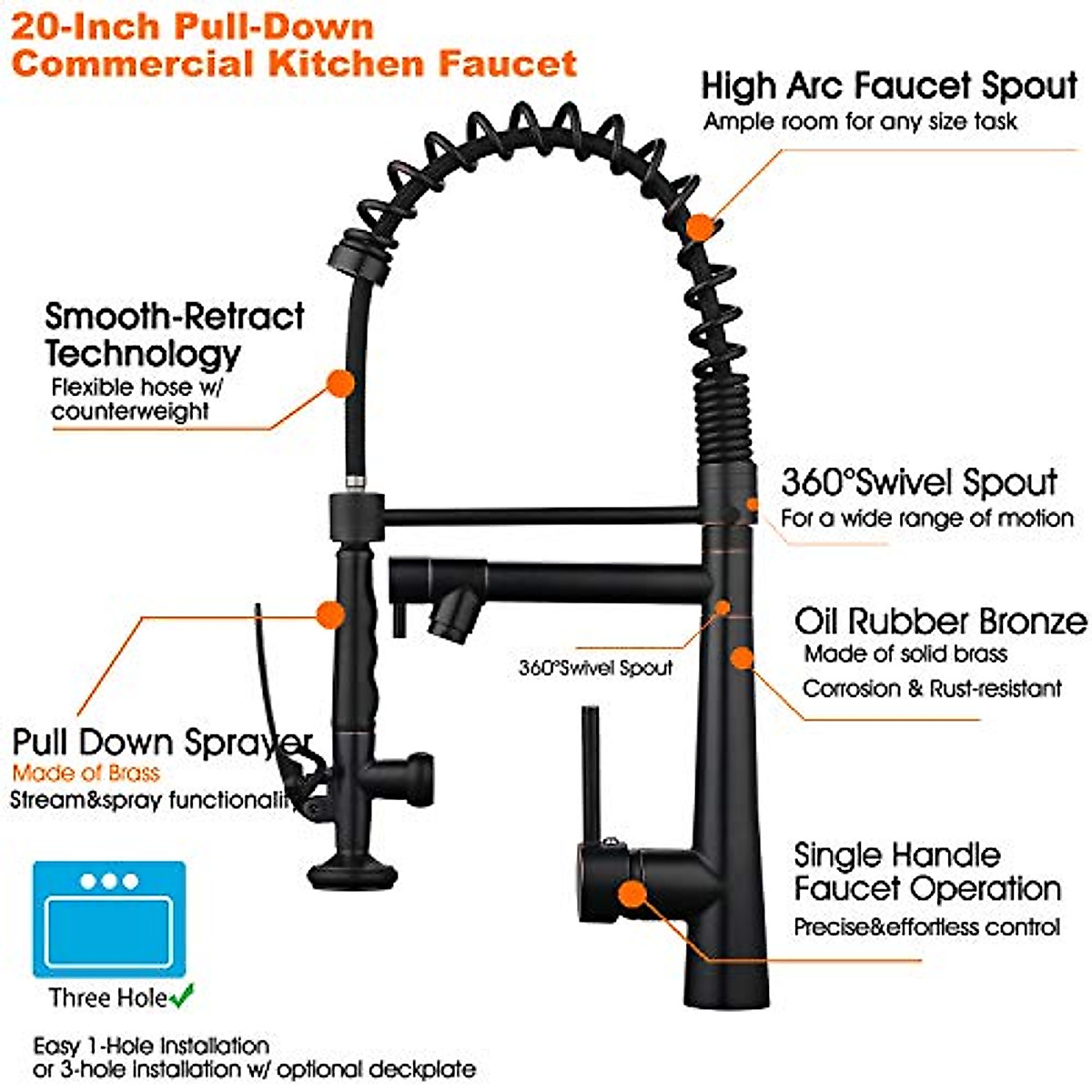 Kitchen Faucet Oil Rubbed Bronze, Beelee Industrial Kitchen Sink Faucet Commercial Faucet ，High Arc Pre-Rinse Kitchen Faucet with Pull Down Spring Spout and Pot Filler