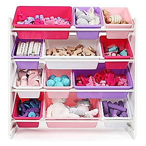 Humble Crew Kids' Toy Storage Organizer with 12 Plastic Bins, Pink&Purple, White/Purple/Pink