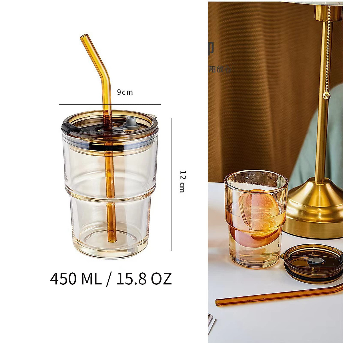 YKNAWOIR 14oz/400ml Tumbler Water Glass Cups with Lid and Straw,Glass Water Bottles Reusable Travel Tumbler Sealed Carry on, Drinking Iced Coffee Cups for Water Smoothie Tea Juice, Insulated Glass Cup