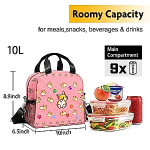 IVENHLYS Pink Dog Lunch Bag, Cute Corgi Insulated Lunch Box with Removable Adjustable Shoulder Strap and Side Pocket, Meal Tote Bag for Kid School Picnic Ideal Gift………