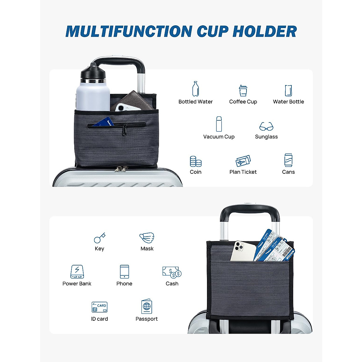 ZHCHG Luggage Travel Cup Holder Attachment for Suitcase Drink Carrier Caddy, Coffee Mug and Tumblers, Traveler Carry on Hands Free Accessory- Gifts for Flight Attendants Travelers Accessories