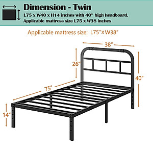 COMASACH Twin Bed Frame with headboard, 14 Inch High 3500lbs Heavy Duty Steel Slats Support Metal Bed Frames No Box Spring Needed,Noise-Free,Easy Assembly-Black