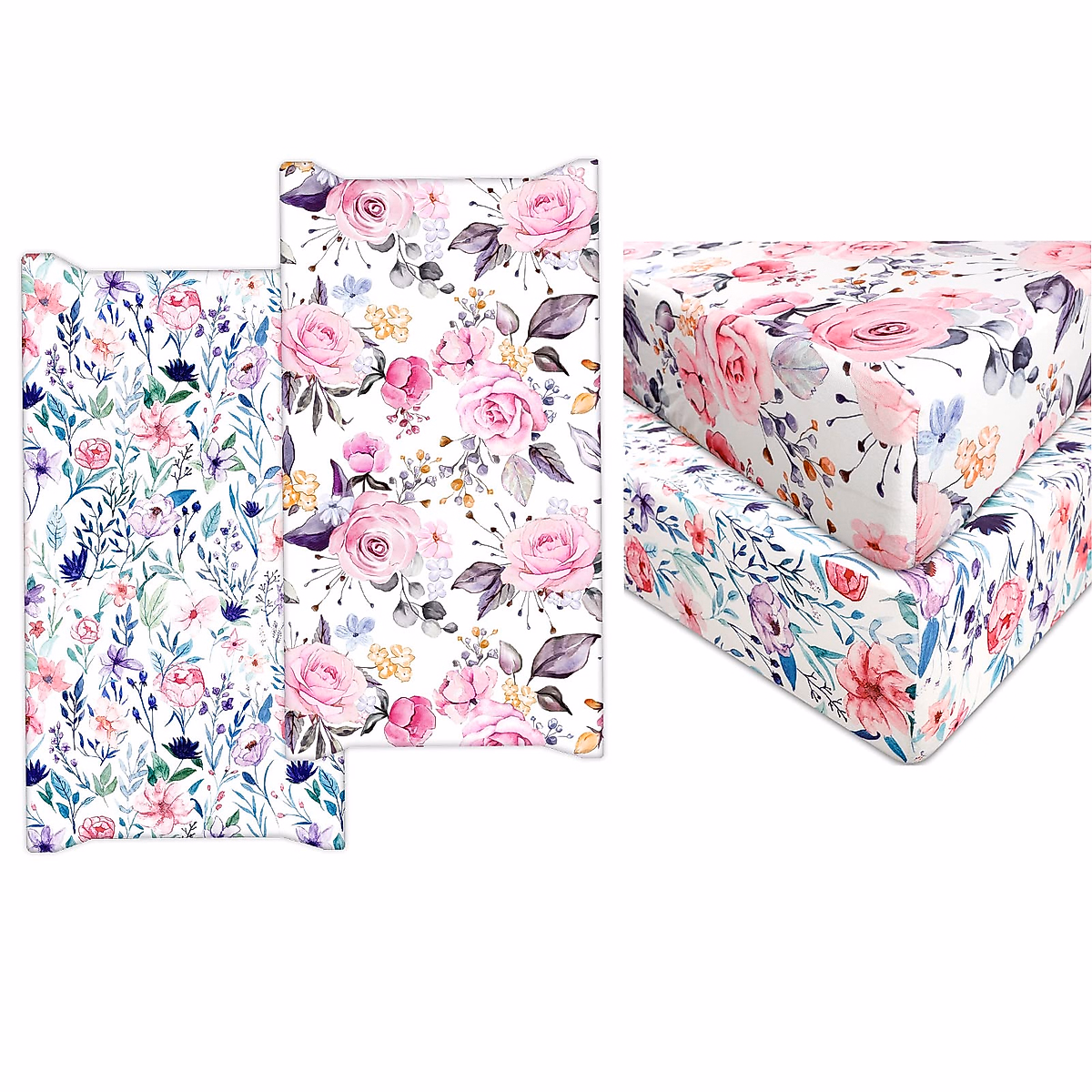 2 Pack of Floral Crib Sheets and Changing Pad Covers for Baby Girls Boys Universal Fit and Ultra Soft Stretchy Jersey Knit Fabric