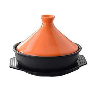 MYYINGBIN 23cm Ceramic Tagine Pot Stew Casserole Slow Cooker Lead Free with Wooden Shovel and Tray High Temperature Resistant, Orange