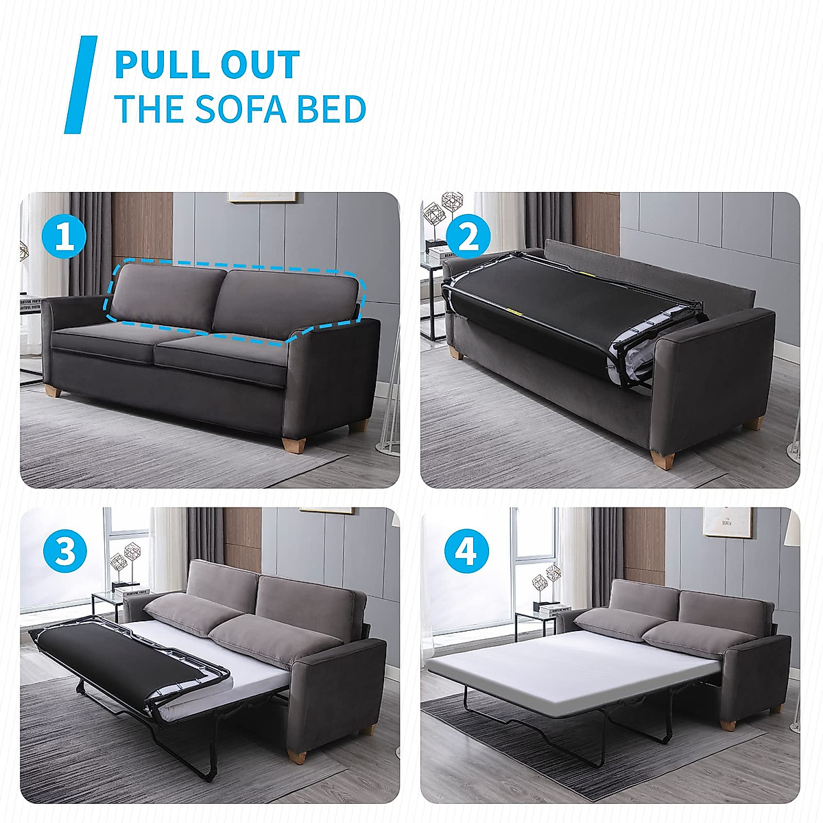 Mjkone 2-in-1 Pull Out Sofa Bed, Queen Size Velvet Sleeper Sofa Bed with Folding Foam Mattress, Pull Out Couch Bed for Living Room/Apartment/Small Spaces(Queen, Dark Grey)