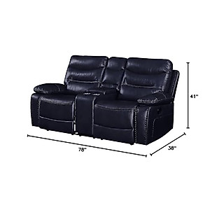 Acme Aashi Leather-Gel Tufted Motion Reclining Loveseat with Console in Navy