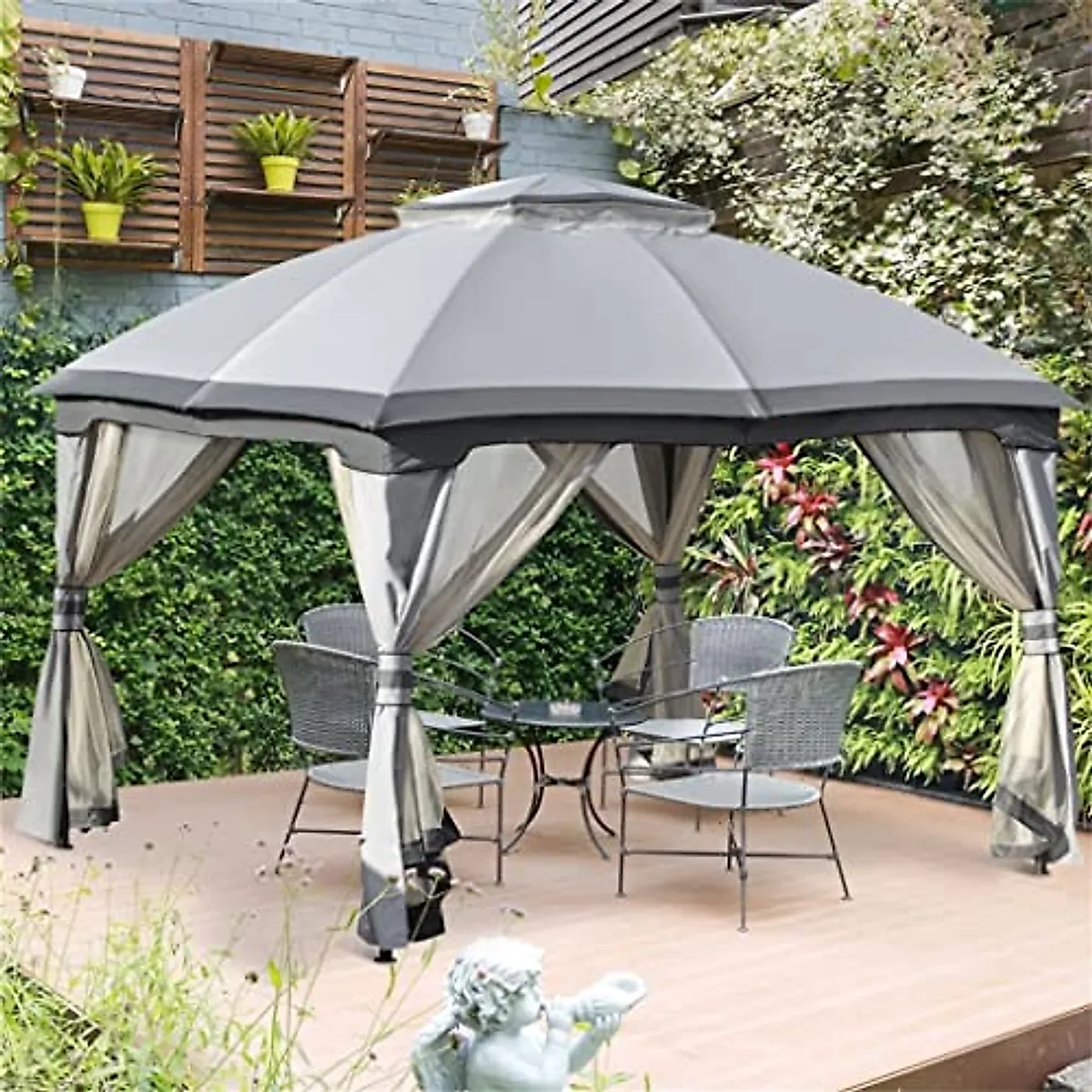 AFLHYJK 10' X 12' Patio Gazebo Canopy Shelter, Outdoor Solid Steel Frame Gazebo with Double Vented Roof, Zippered Mesh Sidewalls